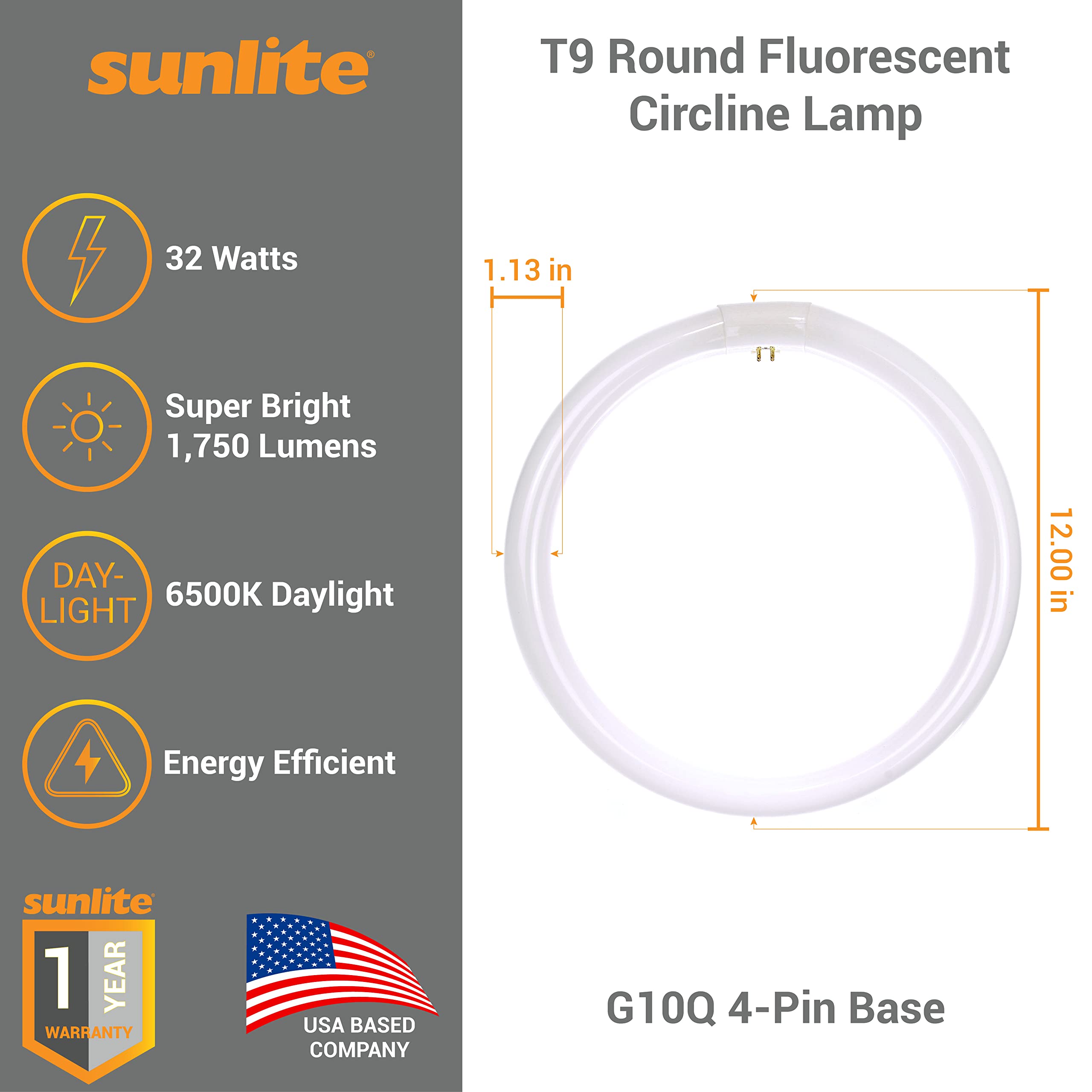 Sunlite FC12T9/DL T9 Round Fluorescent Circline Lamp, 32 Watts, 1750 Lumens, 6500K Daylight, RoHS Compliant, G10Q 4-Pin Base, 1 Pack