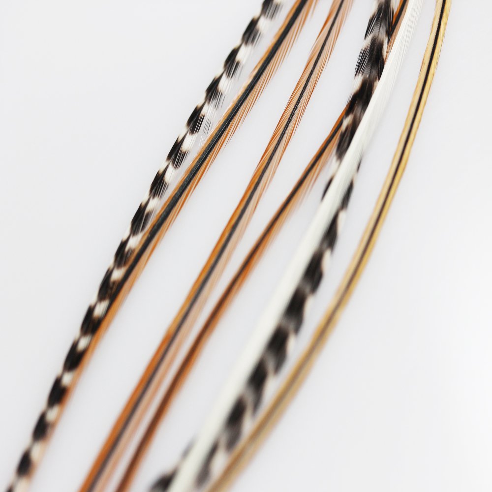 Natural Beige and Brown Feather Hair Extension β Ranging from 8 to 12 Inches, Seven Genuine Rooster Feathers Bonded Together, Includes Two Silicone Micro Beads