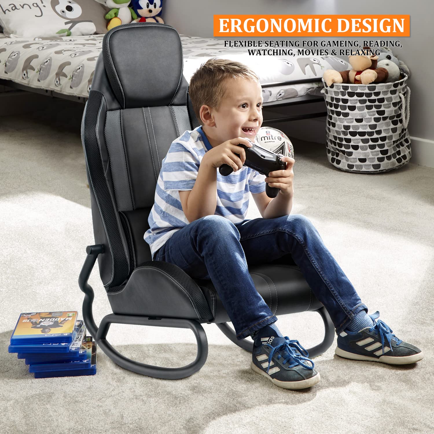 Upgrade Floor Chair Rocker Chair Floor Gaming Chair for Teens, Lightweight Design Without armrests Game Chairs with Folding Backrest, Lazy Sofa Lounger for TV,Reading,Playing. Black Silver