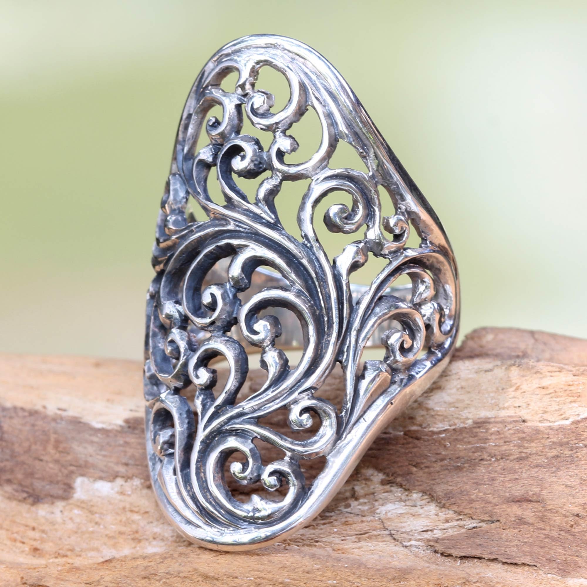 NOVICA Artisan Handmade Sterling Silver Cocktail Ring Crafted from Indonesia No Stone Bohemian [ring Front 1.3 in L x 0.8 in W x 0.1 in H Band Width 4 mm W] ' Sukawati Fern'