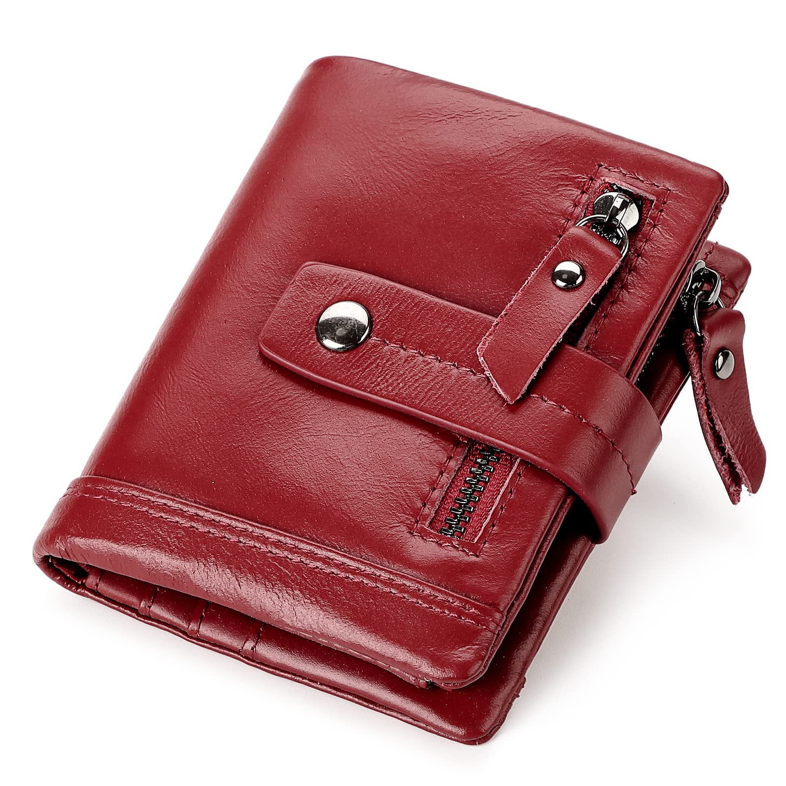 gzcz Small Women Wallet Genuine Leather RFID Blocking Bifold Purse with ID Window and Card Case Purse,Red