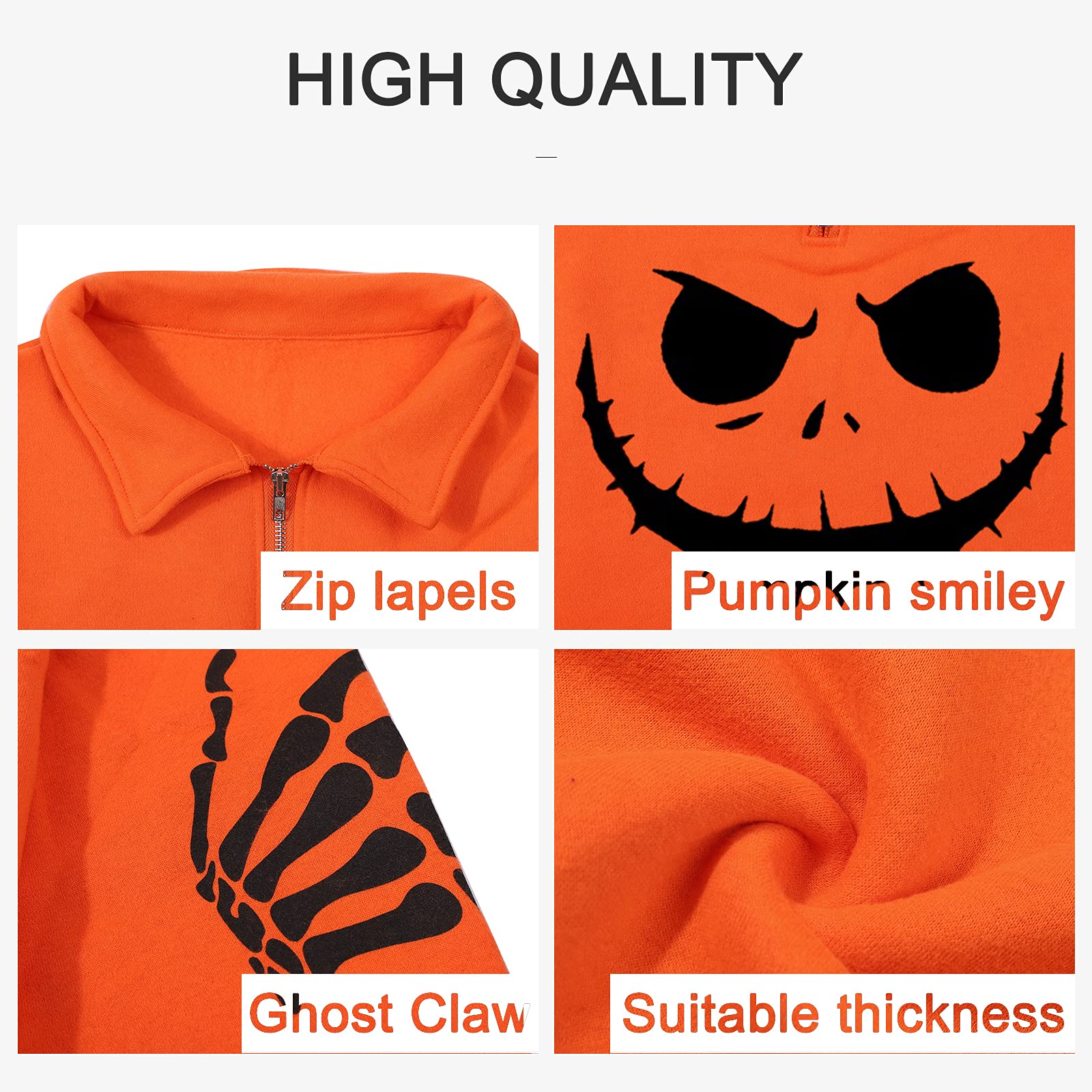 ASTANFY Halloween Sweatshirt for Women Pumpkin Tops Long Sleeve Shirts Half Zipper Lapel Casual Pullover Orange B, X-Large