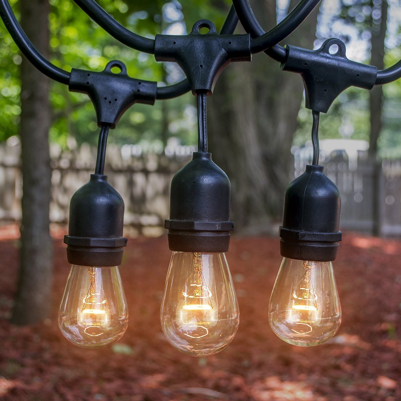 Outdoor String Lights 48 Ft, Commercial Grade Outdoor Light Strand with Hanging Sockets - Weatherproof Strand for Patio Garden Porch Backyard Party Deck Yard, 15 light bulbs included – Black