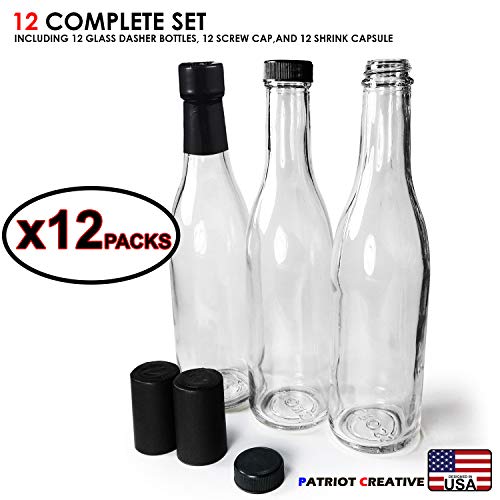 Woozy Bottles Empty 12.7 Oz Complete Sets of Premium Commercial Grade Clear Glass Dasher Woozy Bottle Shrink Capsule with Gold Tear Tab Leak Proof Screw Cap (Black 12 Sets) - 12 oz