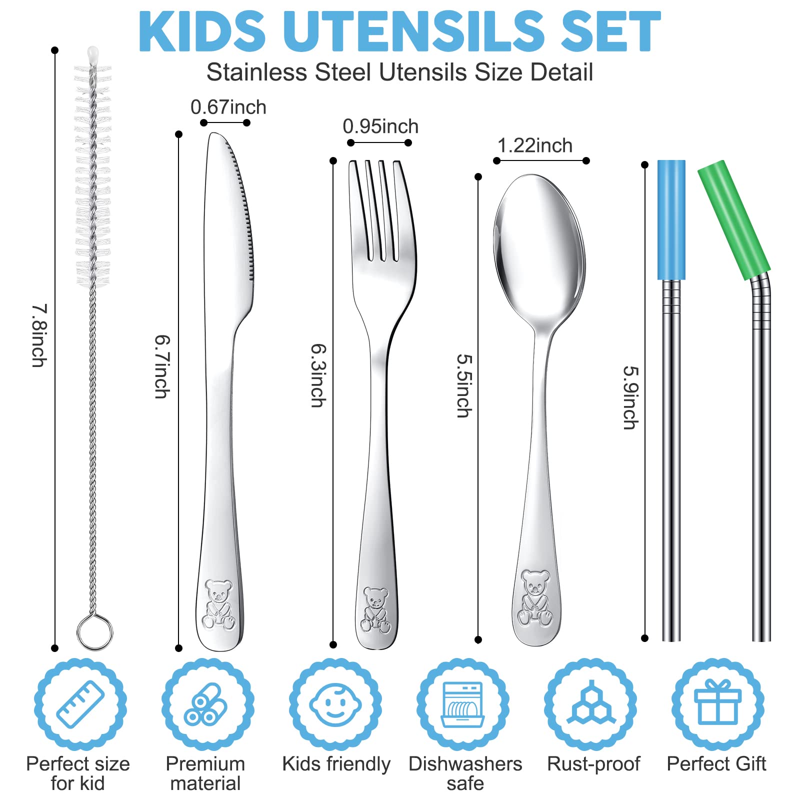 Mimorou 40 Pieces Toddler Utensils Kids Silverware Set Stainless Steel Forks Spoons Knife and Metal Straws with Silicone Tips Brush Bulk for Self Feeding