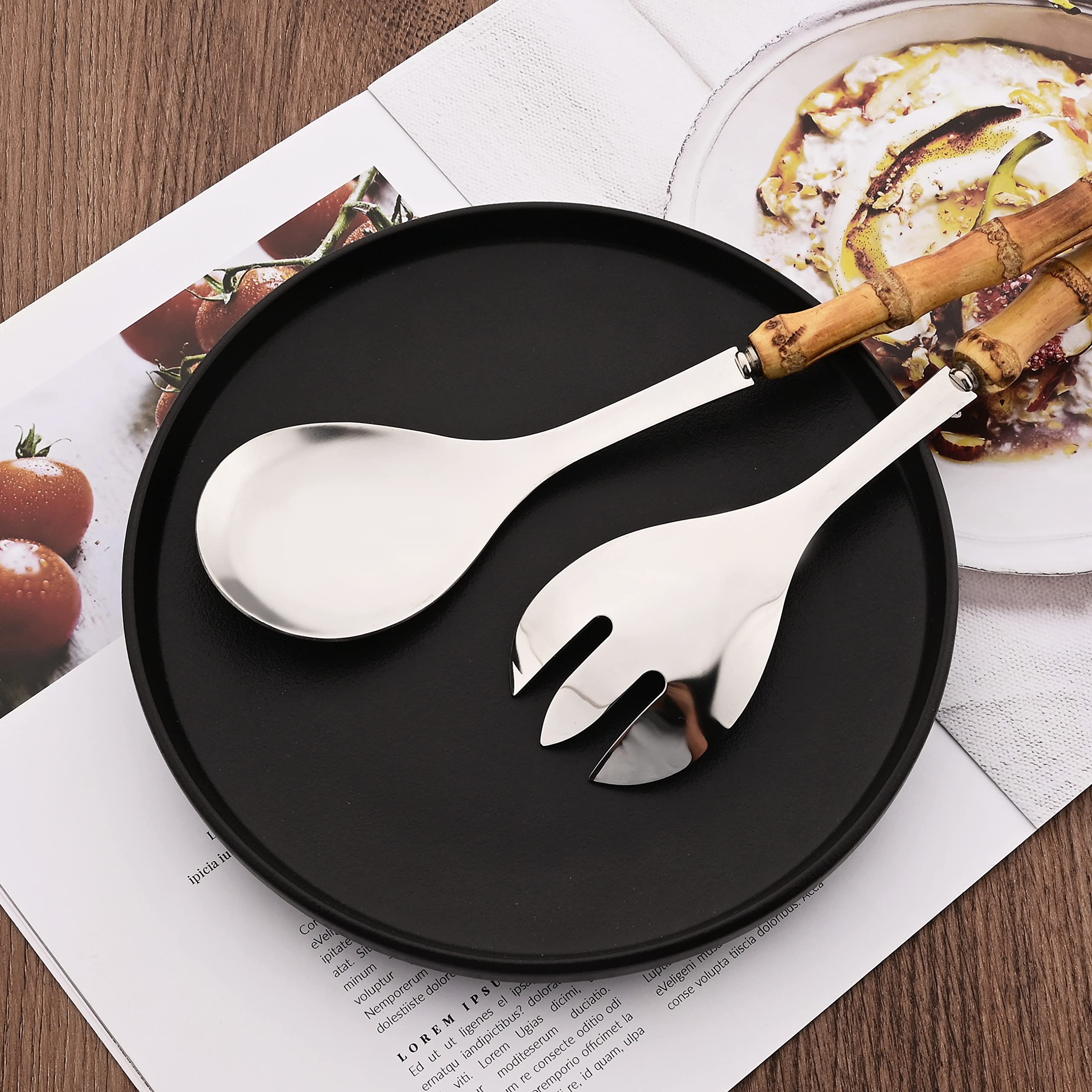 Natural Bamboo Handle Serving Spoons Set of 6, Large Size Stainless Steel Dinner Buffet Catering Banquet Serving Spoons, 10.0" Silver Big Ladle Tablespoons for Home, Family Serving Utensils
