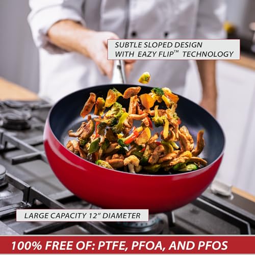 DiamoTech Diamond Ceramic Coated Nonstick Wok, Healthy Cooking, Utensil Safe, 100% PTFE/PFOA/PFOS Free, Ultra-Durable Coating, Ergonomic Handle (Red, 12" Wok)
