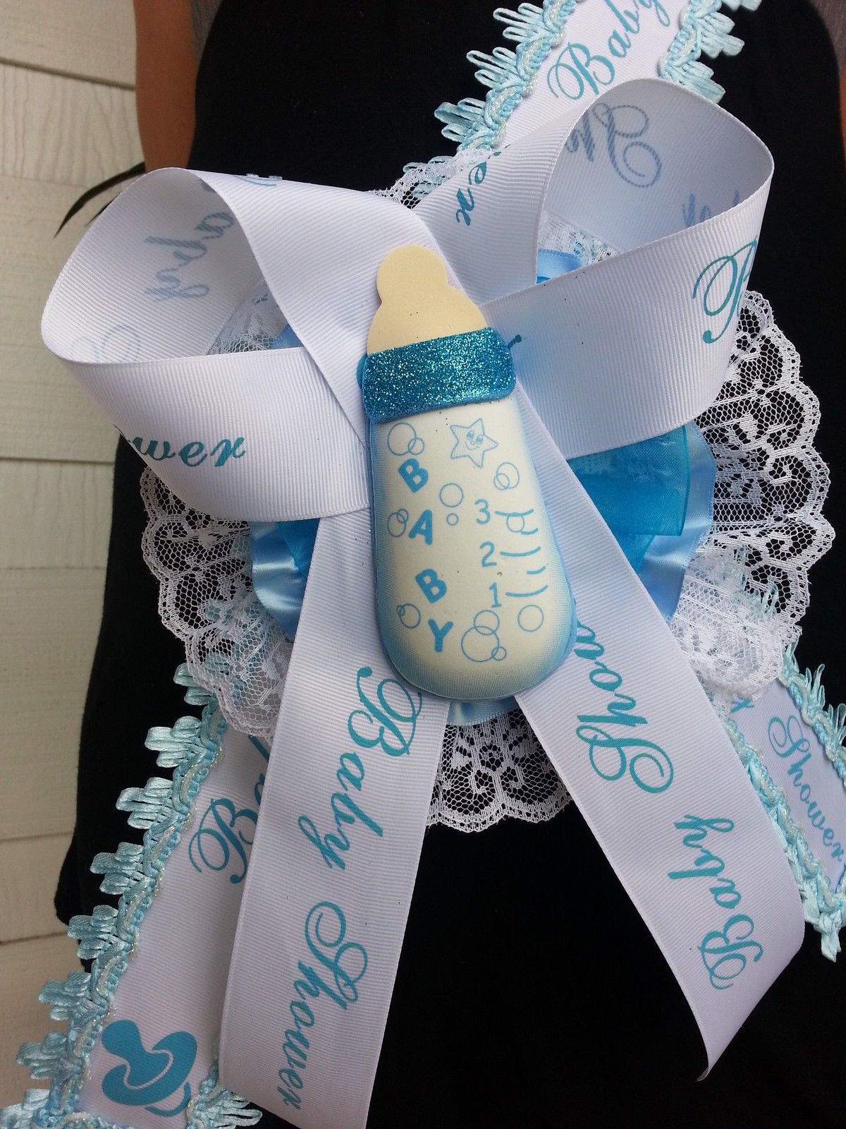 Welcome Baby Shower Mom To Be It's a Boy Sash Blue Bottle Ribbon and Corsage
