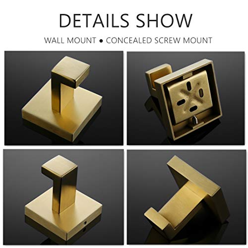 VELIMAX Premium Stainless Steel Towel Hook Square Robe Hook Coat Hook Heavy Duty Wall Mounted Luxury Hooks for Bathroom Hotel, Brushed Gold, 2-Pack