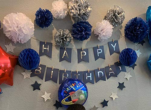 zorpia Outer Space Birthday Party Decorations 1st Birthday Boy Prince Party Decorations with Navy Silver Tissue Pom Poms Decorations Happy Birthday Banner Navy Blue Glitter Silver Paper Star Garlands