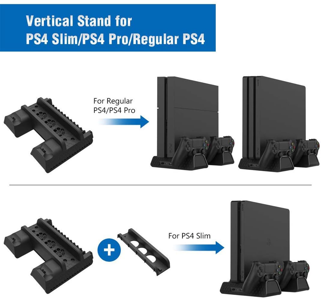 navor Multifunctional Cooling Stand Compatible with PS4/ PS4 Slim/ PS4 Pro, Vertical Cooler Fan and Controller Charging Station with LED Indicators, Dock Stand with 12 Pieces Games Storage