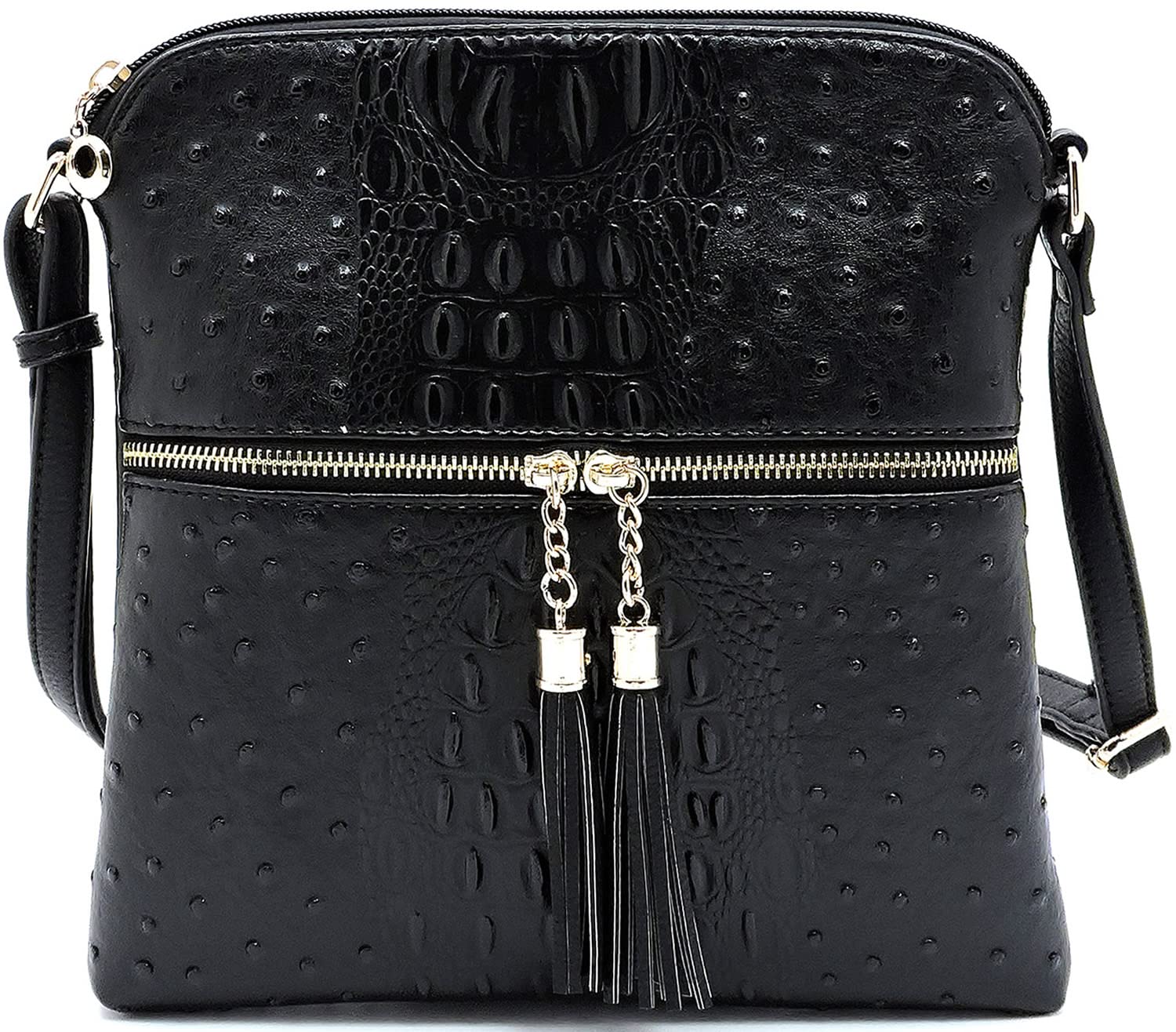 Ostrich Croc Tassel Zipper Pocket Crossbody Bag Animal Pattern Printed Shoulder Bag Womens Purse Satchel (Beige)