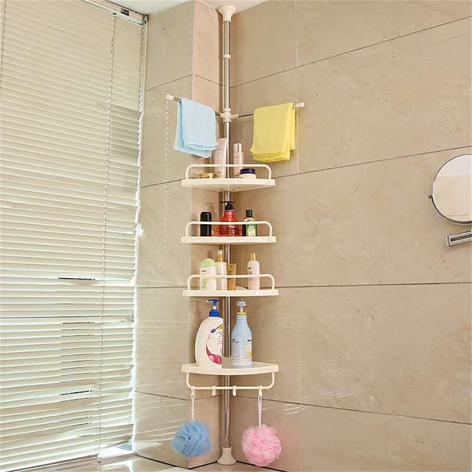 GDNTMU 4 Tier Bathroom Corner Shower shelf Tension Pole Rust Proof Telescopic Rod Storage Rack Organizer Corner Shower Organizer