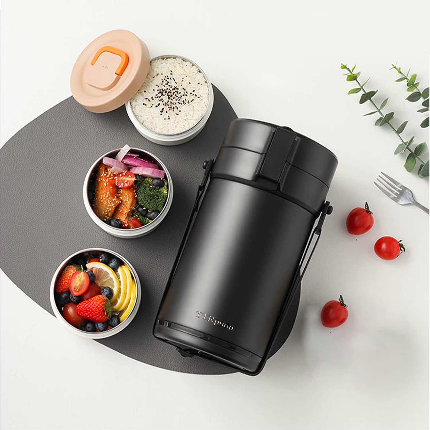 TTrpuon 82oz Thermos Container For Hot Food, 3 Tier Wide Mouth Insulated Stackable Food Container, lunch box for Work Office Outdoors Picnic (black)