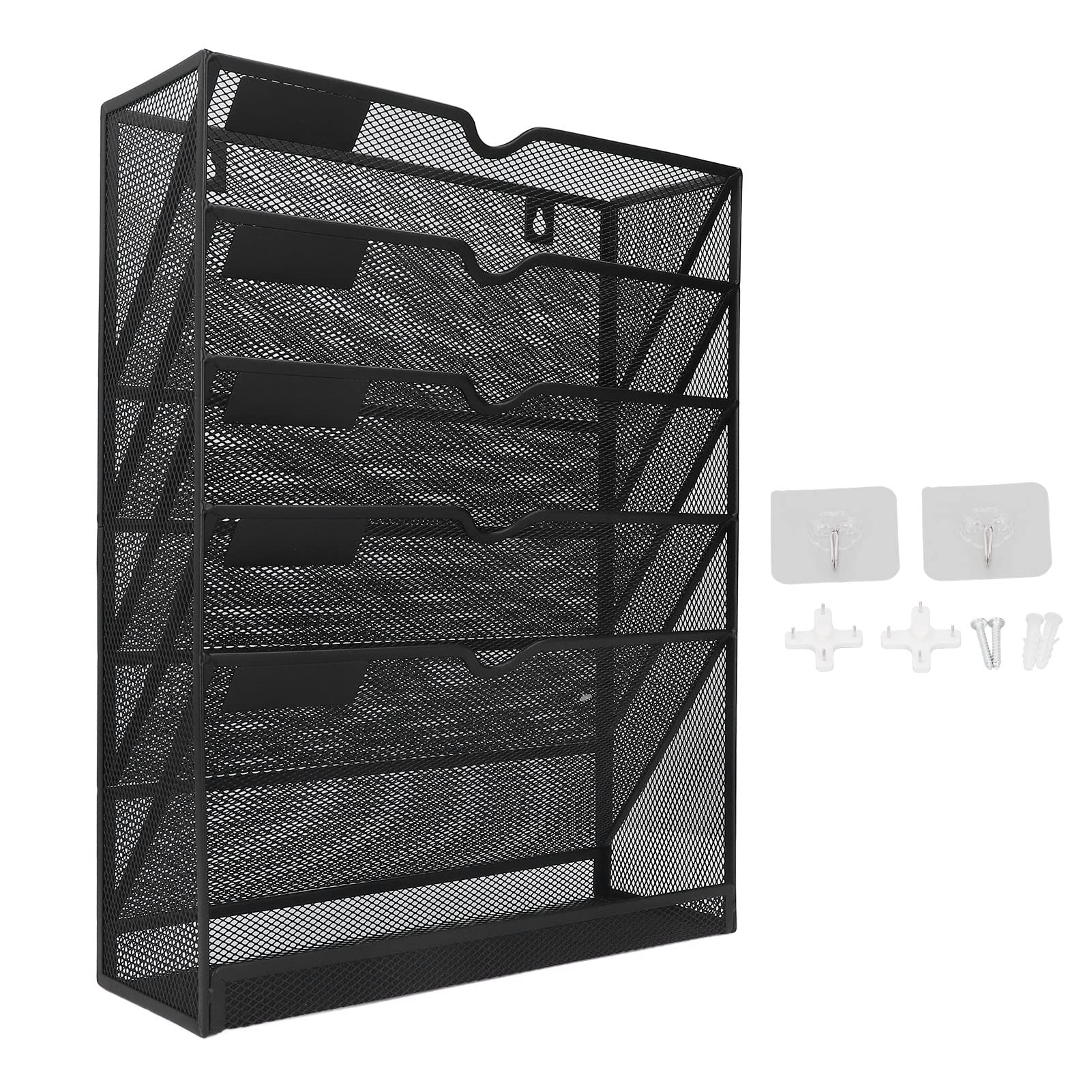 Asixxsix Hanging Wall File Organizer, 5 Pockets Metal Mesh Wall Mounted Paper Magazine Rack with Bottom Flat Tray Heavy Duty File Document Organizer for Home Office Classroom Wall File Holder