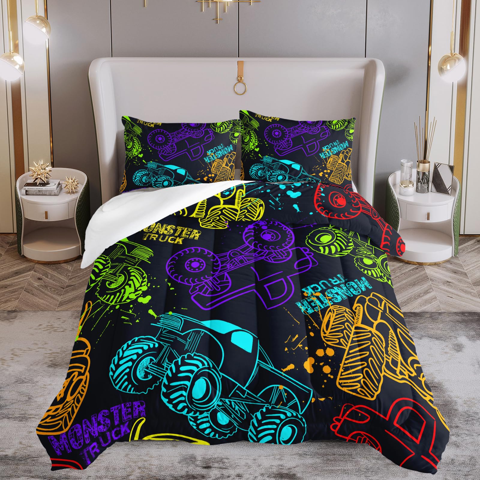 QOOMO Truck Comforter Set for Kids Teens Boys,Neon Truck Kids Comforter,1 Comforter with 2 Pillowcase, Microfiber 3 Piece Bedding Set,Soft and Lightweight(Black,Twin Size)