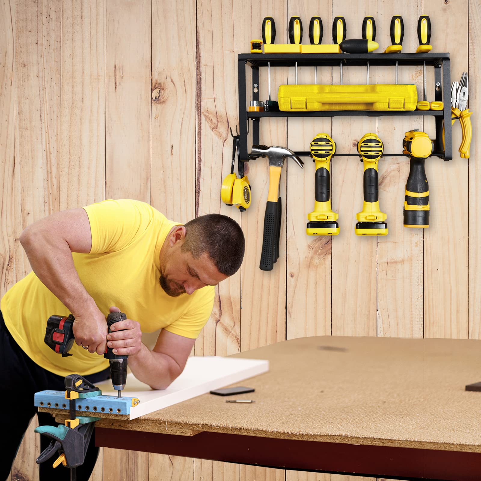 Power Tool Organizer, Storage Rack for Garage Organization,Drill Holder Wall Mount,Utility Rack for Cordless Drill, 3 Layers Heavy Duty Metal Tool Shelf, Large 5 Drill Holder (Yellow/Black)
