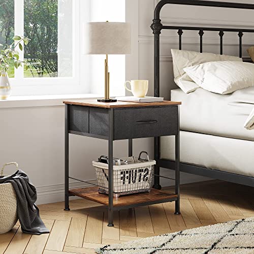 WLIVE 1-Drawer Nightstand and 5-Drawer Dresser TV Stand Set, Fabric Storage Tower for Bedroom, Hallway, Nursery, Closets, Tall Chest Organizer Unit with Textured Print Fabric Bins, Steel Frame