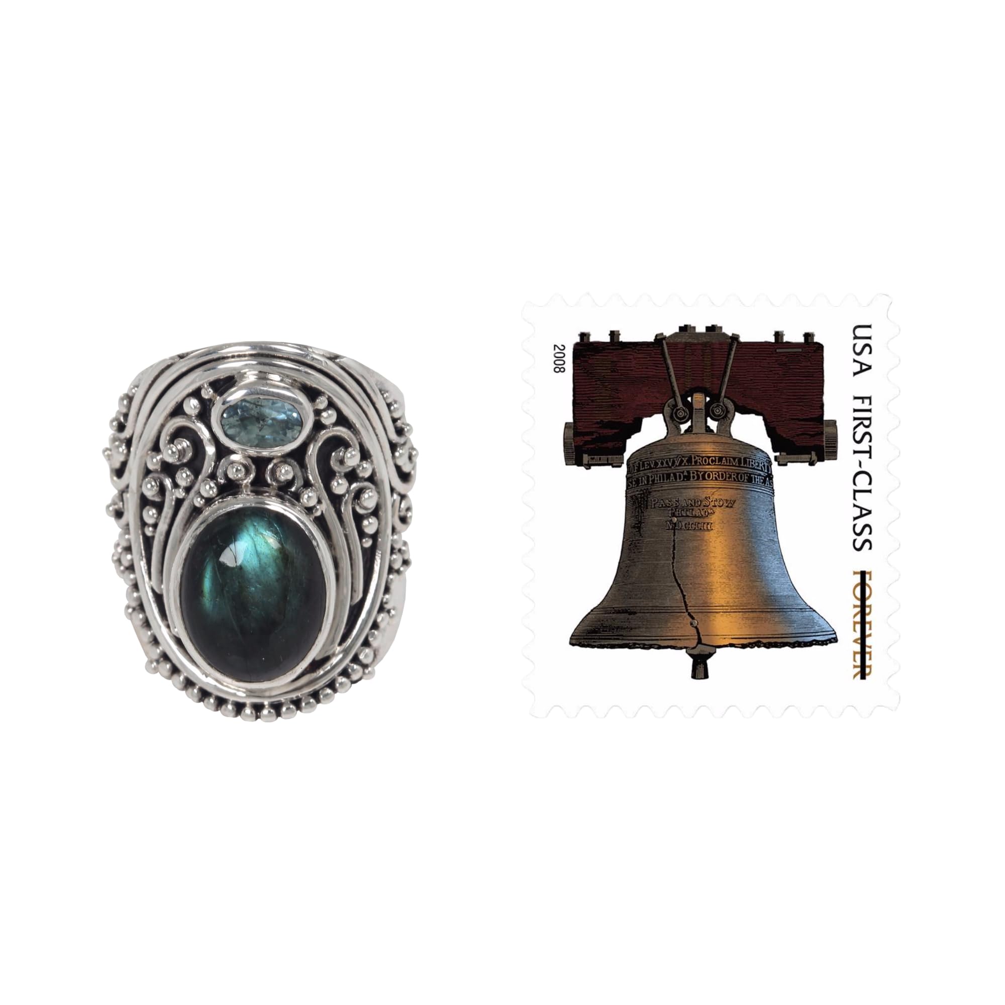 NOVICA Artisan Handcrafted Labradorite Blue Topaz Cocktail Ring Balinese Silver Sterling Grey Indonesia Birthstone [ring Front 1 in L x 0.8 in W x 0.4 in H Band Width 7 mm W] ' Misty Starlight'