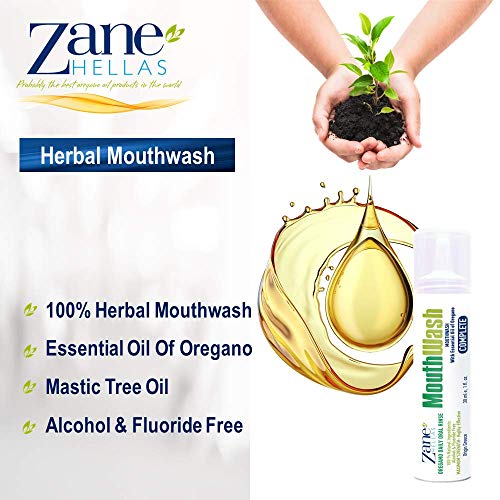 Zane Hellas MouthWash. Oral Rinse with Oregano Oil Power. Ideal for Gingivitis, Plaque, Dry Mouth, and Bad Breath. Alcohol and Fluoride Free. 100% Herbal Solution. 2 fl.oz.-60ml.