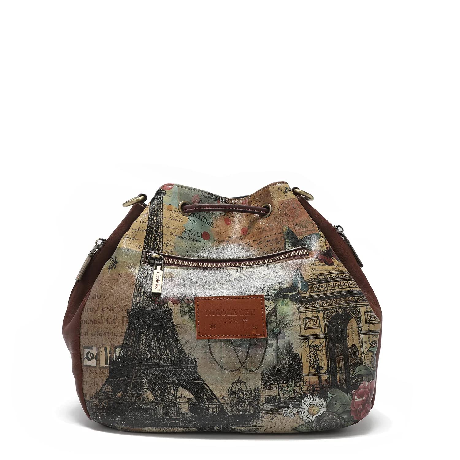 Nicole Lee Paris Fashion Week Medium Bucket Bag, Drawstring Crossbody, Butterfly Flower Embellishments, Multiple Pockets
