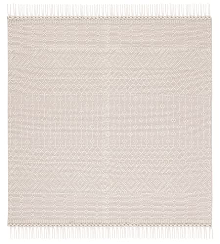 SAFAVIEH Natura Collection 4' Square Ivory NAT852B Handmade Moroccan Boho Fringe Wool Area Rug