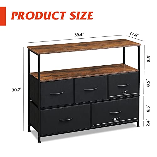 WLIVE 1-Drawer Nightstand and 5-Drawer Dresser TV Stand Set, Fabric Storage Tower for Bedroom, Hallway, Nursery, Closets, Tall Chest Organizer Unit with Textured Print Fabric Bins, Steel Frame