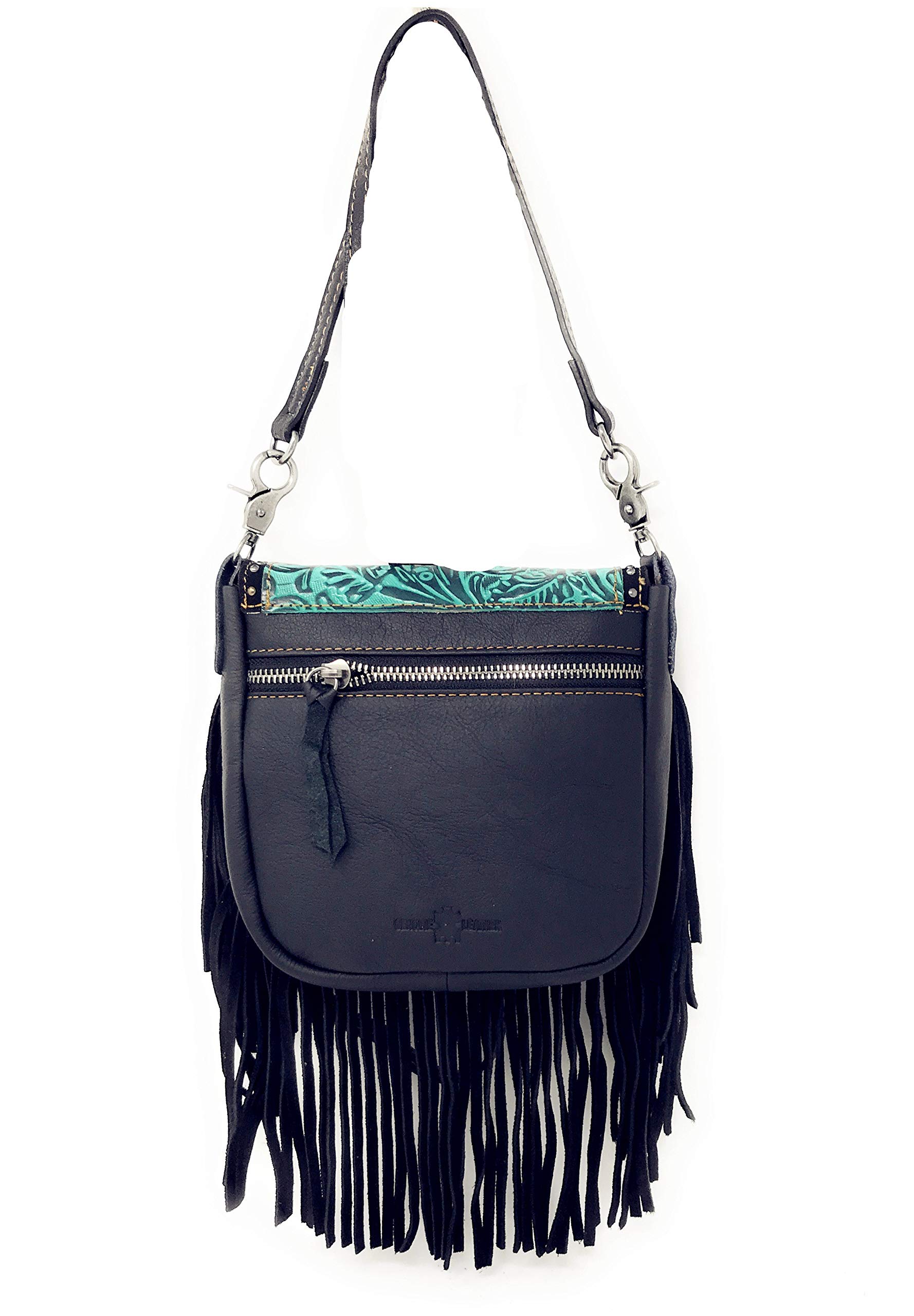Western Genuine Leather Floral Tooled Fringe Womens Crossbody Bag 3 Color (Turquoise/Black)