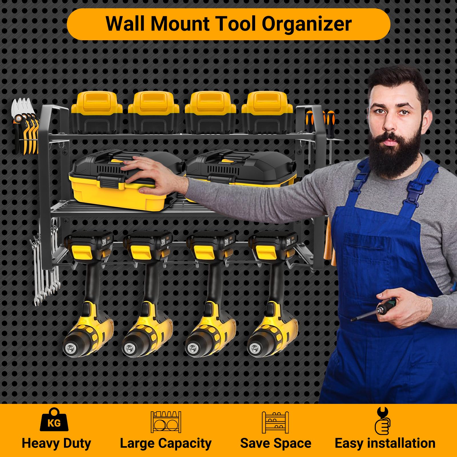 Power Tool Organizer Heavy Duty Wall Mount Tool Storage, Large Capacity Garage Organization Metal Utility Racks with 4 Drill Holders and Tool Slots