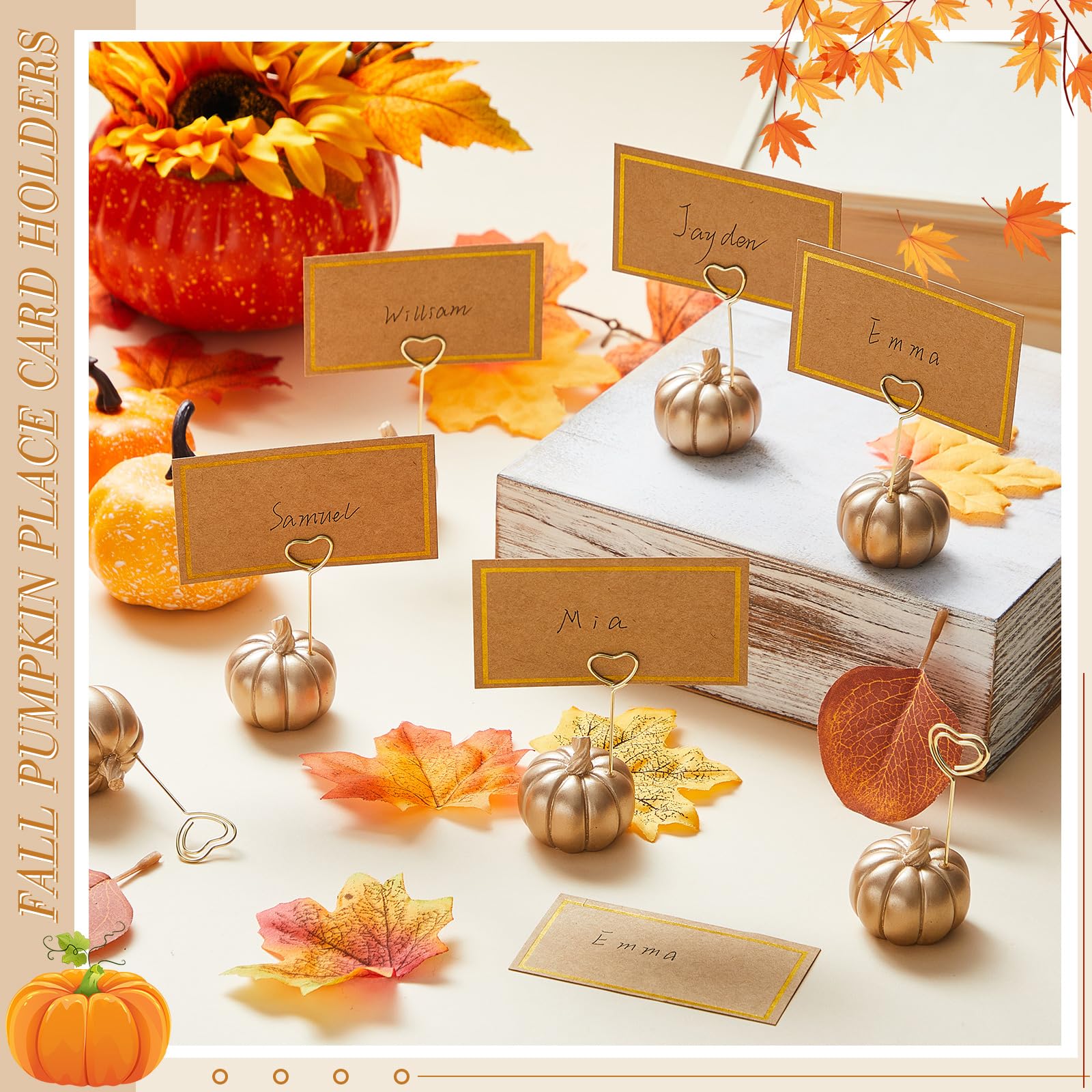 Qeeenar 20 Sets Thanksgiving Pumpkin Place Card Holders Fall Paper Name Cards for Table Setting, Resin Thanksgiving Table Decor Mini Pumpkin Table Number Holder for Wedding Thanksgiving Party(Orange)