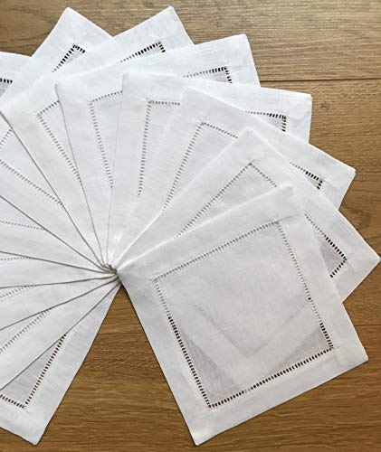 White Linen Cocktail Napkin 6"x6" Set of 50 Linen Cloth Napkin Coasters-Ladder Hemstitch 100% Linen Beverage Party Napkin Coaster Super Value Bulk 50 Pack