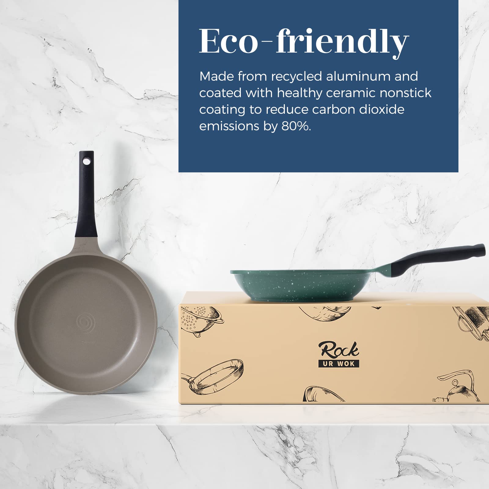 ROCKURWOK Ceramic Nonstick Frying Pan Set, 3 Pcs Cookware for Omelet, Skillet & Sauté, Induction, Oven & Dishwasher Safe, PFAS & PTFE Free, Durable & Easy to Clean, Green
