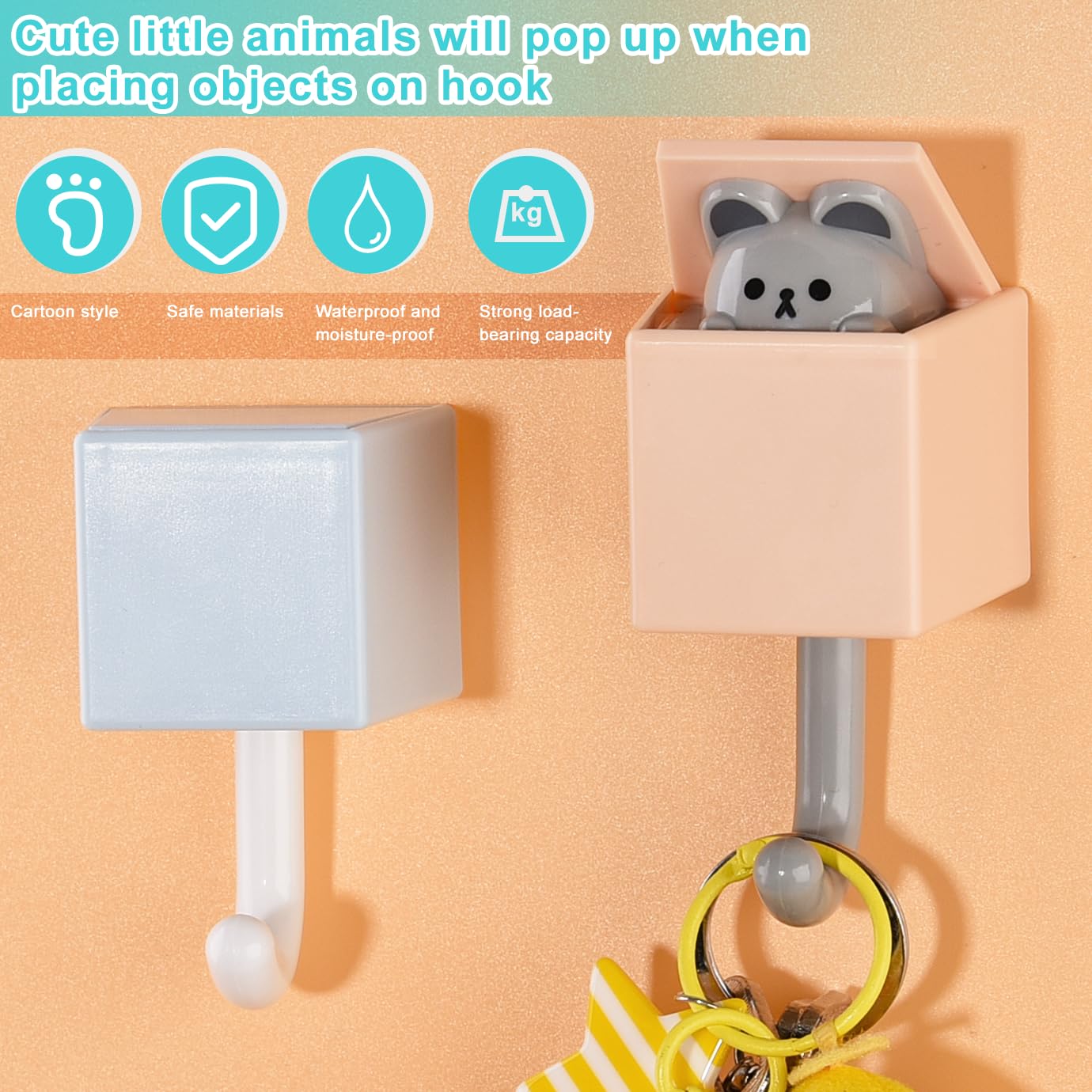 Tophoniex Cute Cat Key Hook, Sticky Coat and Hat Hook, 4 Cute Cat Key Hooks, Plastic Pet Wall Hook for Hanging Keys, Used for Coats, Jackets, Bags, Wall Decoration