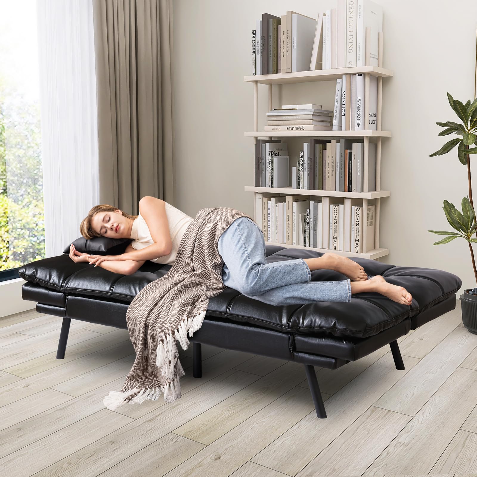 Hcore, Convertible Sleeper, Memory Foam Futon Couch,Loveseat Bed,Small Splitback Modern Sofa Sofabed, Black
