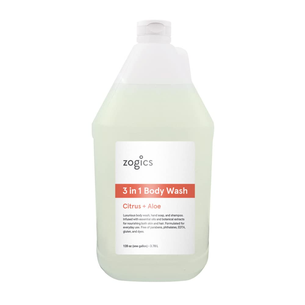 Zogics 3-in-1 Body Wash – Body Soap, Shampoo, and Hand Soap Liquid Refill All-in-One, Hydrating Plant-Based Formula, Refreshing Citrus + Aloe Scent (4 Gallons/Case)