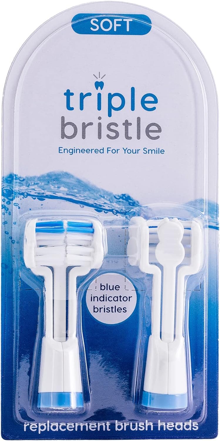 Triple Bristle Replacement Brush Head Refills | Innovative 3 Head Design | Compatible with Triple Bristle Brand Sonic Toothbrush | Color Changing Indicator Bristles | 2 Pack (Blue)