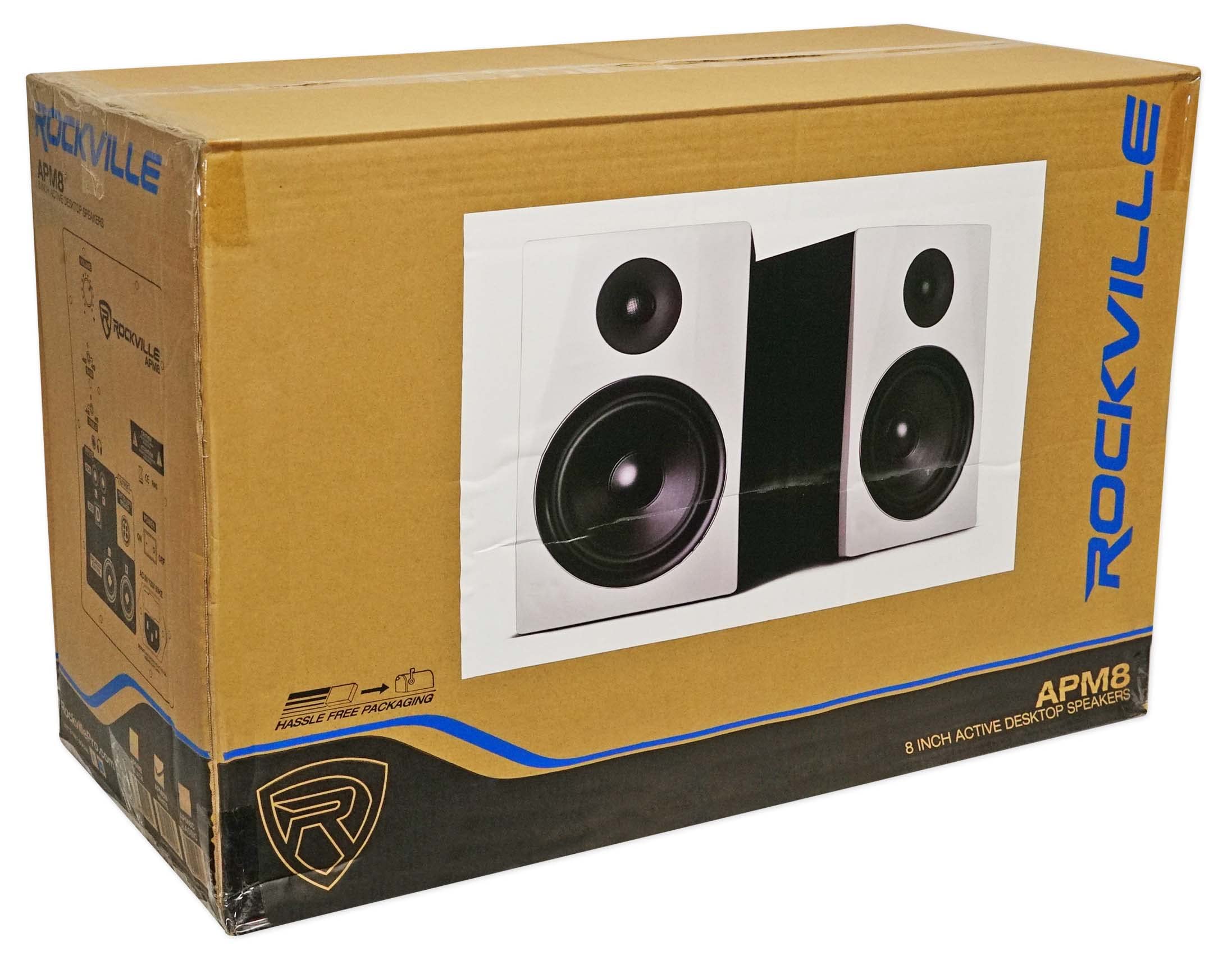 Rockville APM8W Powered USB Studio Monitor Speaker Pair in White, 8", 2-Way, 500W, EQ, MDF Wood, RCA/XLR, Perfect for Studios, Recording, Music