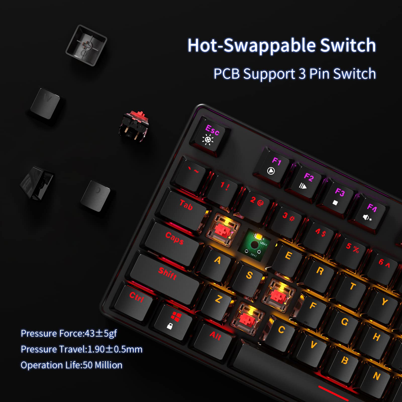 Newmen GM335 Hot Swappable Mechanical Keyboard Wireless 2.4Ghz/Wired USB C Gaming Keyboard Anti-ghosting LED Backlit Wireless Ergonomic Mechanical Keyboard for Mac Windows PC Gamer(Red Switch)