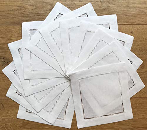 White Linen Cocktail Napkin 6"x6" Set of 50 Linen Cloth Napkin Coasters-Ladder Hemstitch 100% Linen Beverage Party Napkin Coaster Super Value Bulk 50 Pack