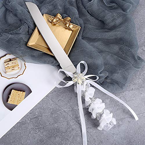 TANG SONG Stainless Steel Elegant Wedding Cake Knife and Serving Set Resin Plastic Handle Pearl Flower Shape with Lace Wedding Cake Knife and Shovel