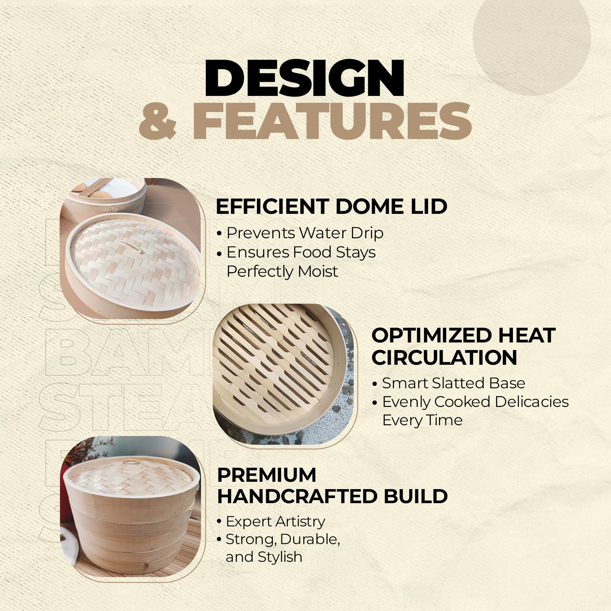Grown Goods Bamboo Steamer Handmade Basket with Lid | 10 inch 2 Tier Steaming Basket Traditional Design | For Dumplings, Rice, Dim Sum, Vegetables, Fish, and Meat | Includes 50 liners, 2 bamboo sauce