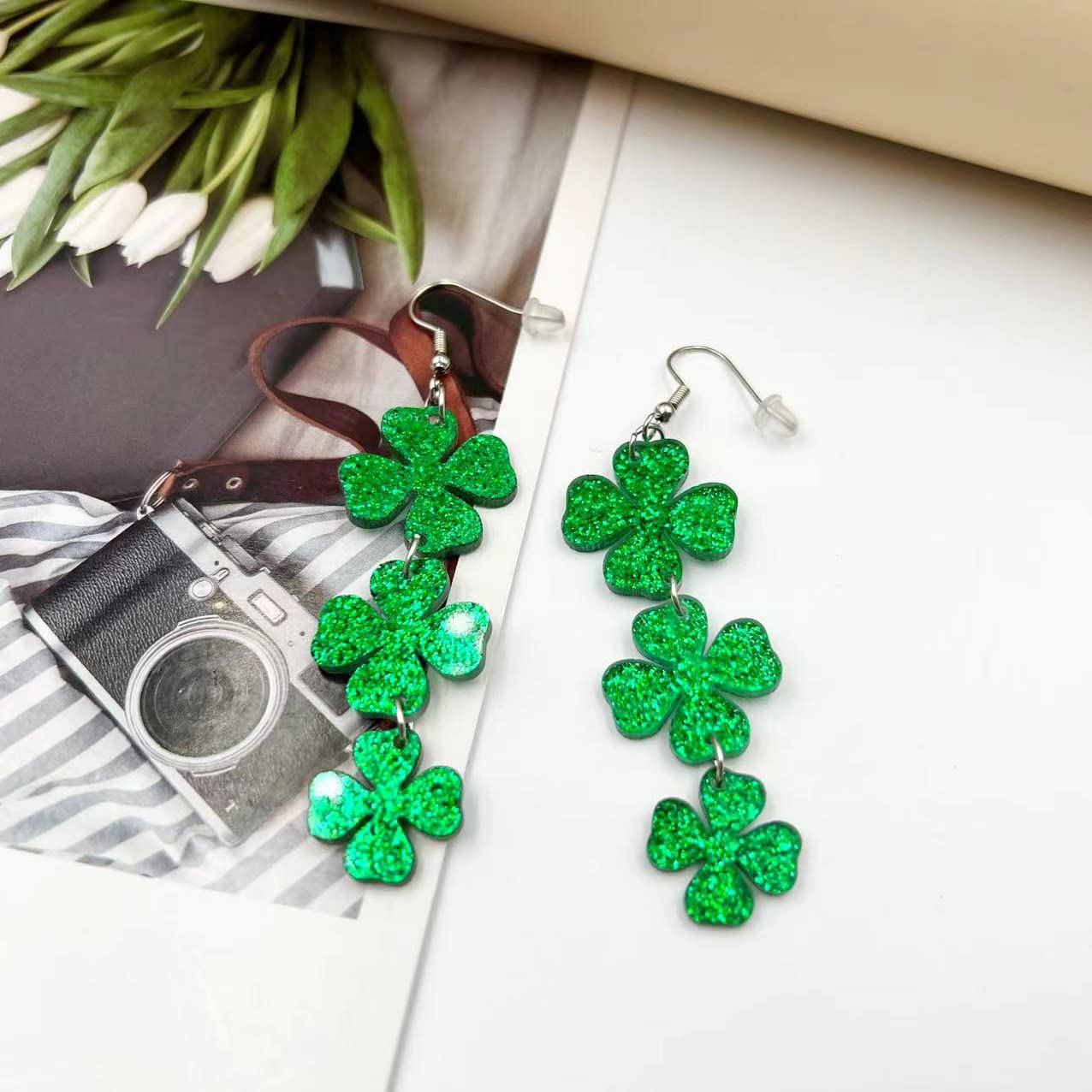 St Patrick's Day Earrings for Women,Irish Shamrock Dangle Earrings Green 4 Leaf Clover Hat Horseshoe Drop Earrings Good Luck St Patrick Jewelry