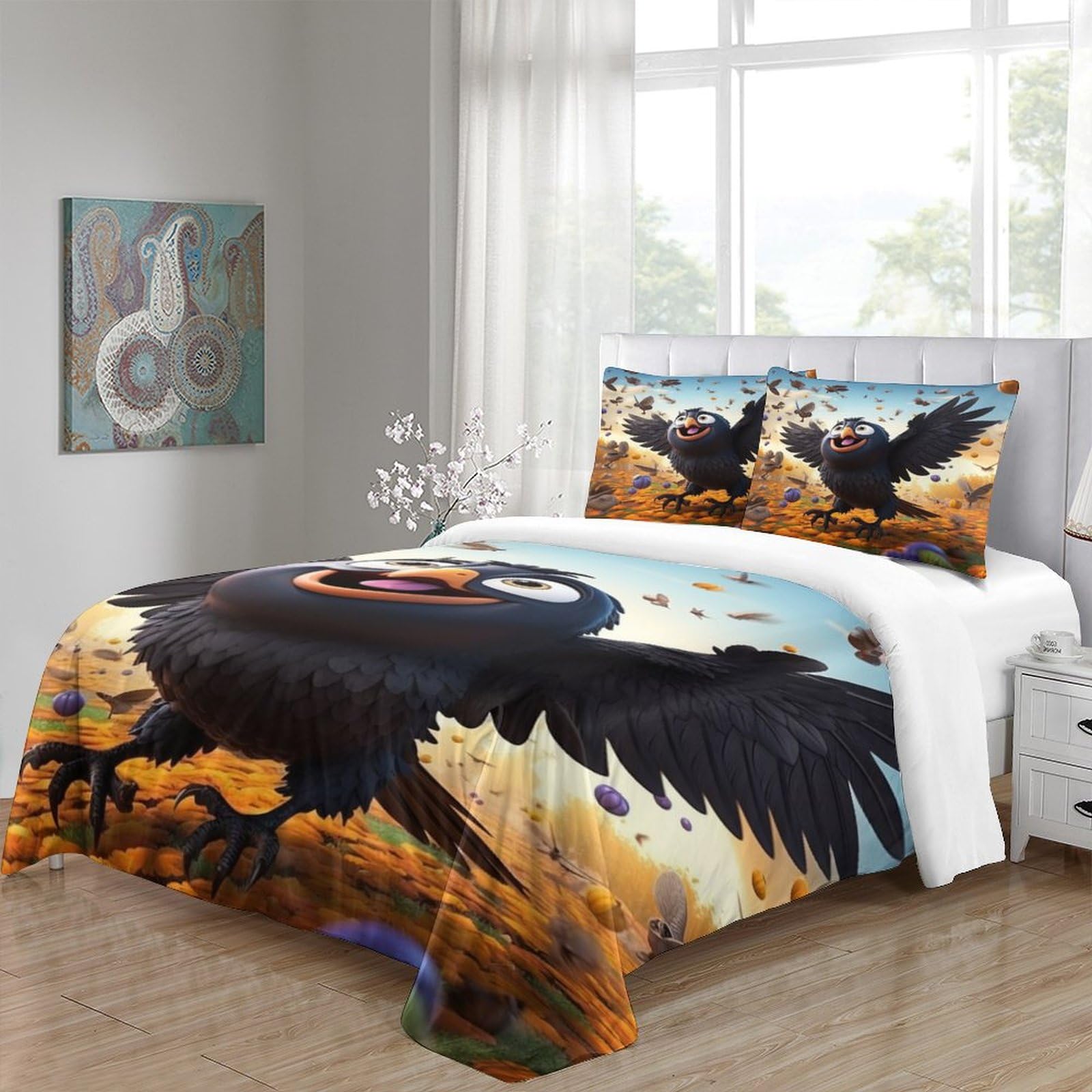 ESSAHI Raven 3D Printed Crow Bedding Set Comforter Covers Quilt Cover Duvet Cover with Pillowcases for Childrens and Adults Microfiber 3 Pieces with Zipper Closure Queen(228x228cm)
