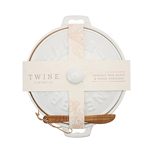 Twine, Brie Baker with Lid, Acacia Wood Spreader, White Ceramic, Set of 1