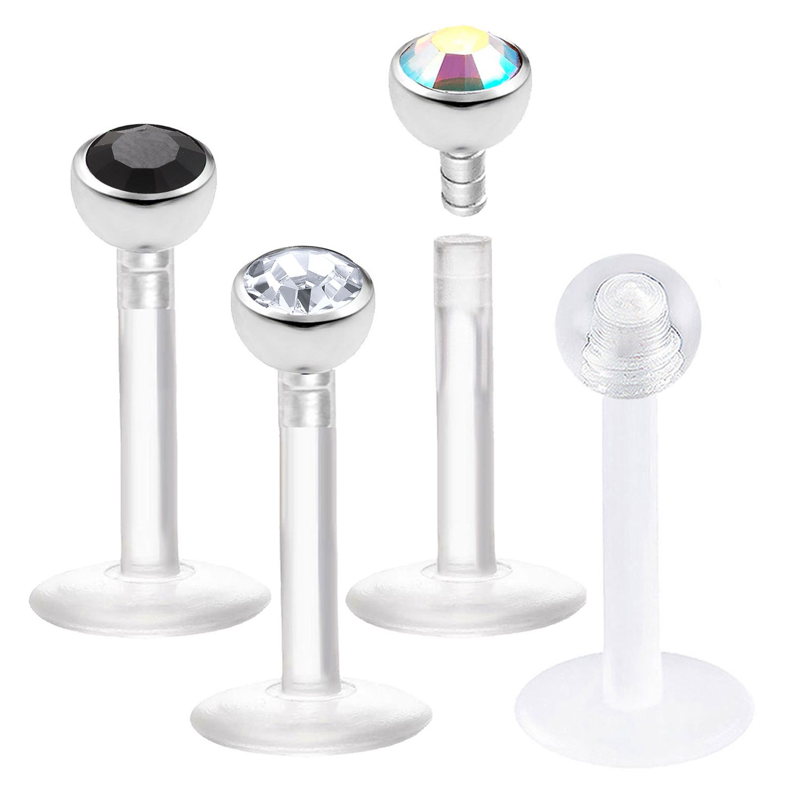 bodyjewellery 4Pcs 16g 5/16 Labret Studs Lip Conch Bioflex Push In Monroe Ring Tragus Marilyn Spider Snake Bites Clear Black AB Crystal