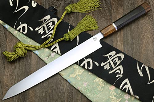 Yoshihiro TM-Hayate ZDP-189 Super High Carbon Stainless Steel Sujihiki Kiritsuke Knife Octagonal Ebony Wood Handle with Sterling Silver Ring (9.5" (240mm))
