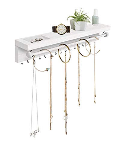 Rustic White Necklace Jewelry Organizer - Wall Mount Jewelry Holder - Mounted Hanging Jewelry Storage Hooks for Necklace, Earrings, and Rings - Farmhouse Wood Decor Bedroom Boho Shelf Rack