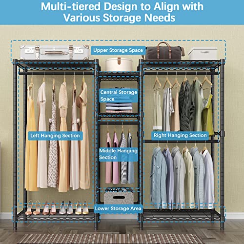 VIPEK V6 Wire Garment Rack Heavy Duty Clothes Rack Metal Clothing Rack with Shelves, Freestanding Portable Wardrobe Closet Rack for Hanging Clothes 74.4" L x 17.7" W x 76.8" H, Max Load 780LBS, Black