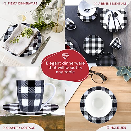 Winter Frost White, Black Modern Kitchen Dinnerware Sets, Indoor and Plates, 16-Piece Plaid Kitchen Plates and Bowls Set with Mugs, Dishwasher Safe