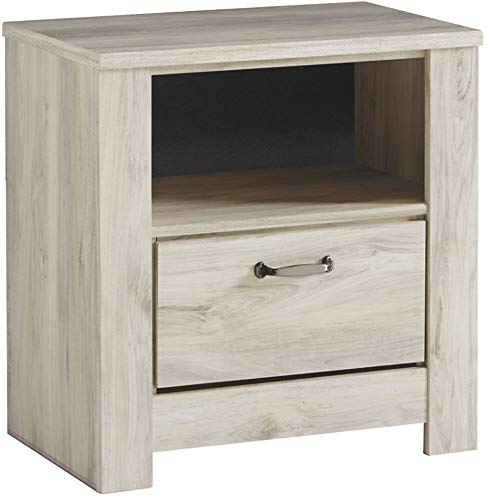 Signature Design by Ashley Bellaby Farmhouse 1 Drawer Nightstand with 1 Storage Cubby & Slim-Profile USB Charging Station, Whitewash, 15.91 in x 23.78 in x 24.61 in